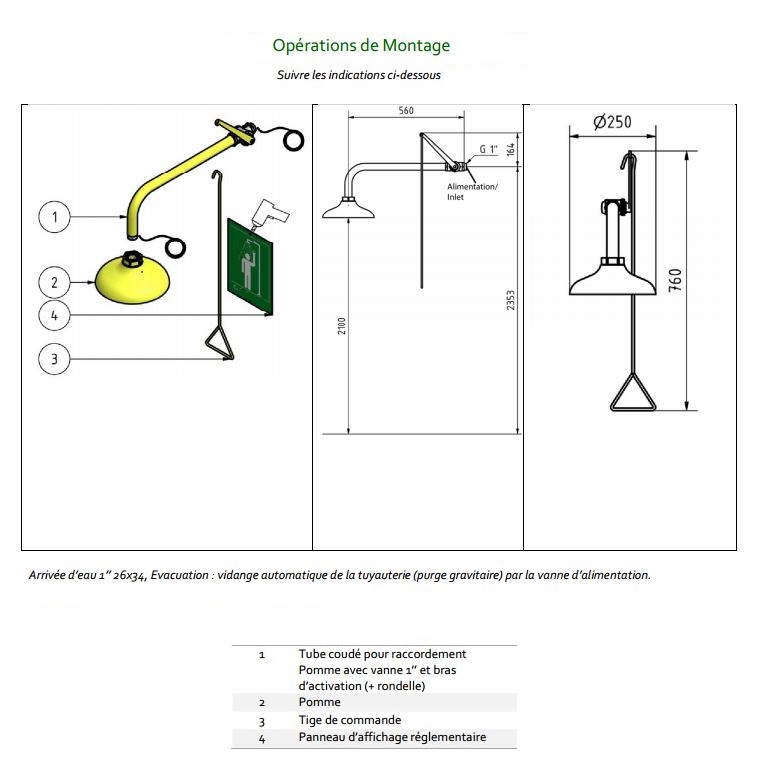 Douche de sécurité murale 100% Inox, 1110TI | Devis